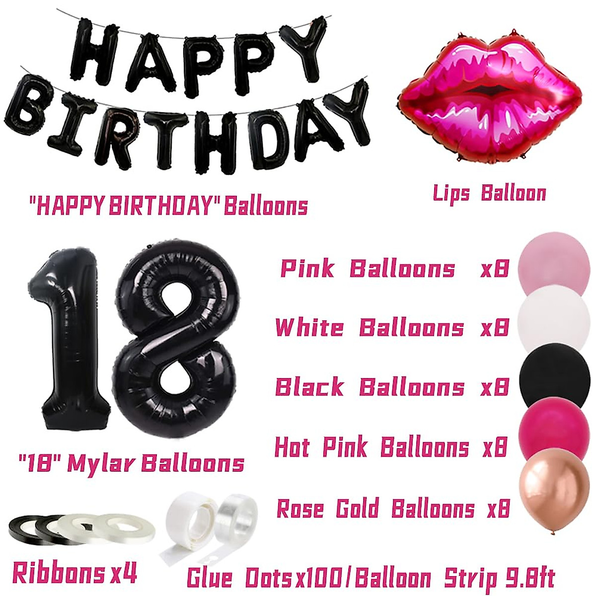 Dreamy Space 18th Birthday Decorations, Pink Black Rose Gold, Happy Banner, 18 Balloon Numbers, Women Party Decor, Girls Bday Decorations