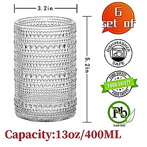 Dingerjar Hobnail Drinking Glasses set of 6（13 oz） Hobnail Water KItchen Glassware, Embossed Vintage Juice Glasses Tall Bar Drinkware