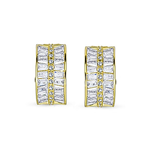 Art Deco Style Bridal Statement AAA CZ Half Hoop Baguette Earrings For Women Wedding Prom Holiday Formal Party Clip On Yellow Gold Plated