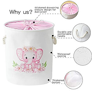INough 2 Pack Laundry Baskets Pink Hamper Elephant Basket for Kids, Baby Laundry Basket,Large Collapsible Laundry Hamper with Handles Waterproof Round Linen Storage Basket for Toddler