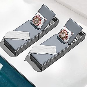 Patiorama Outdoor Patio Chaise Lounge Chair, Elegant Reclining Adjustable Pool Rattan Chaise Lounge Chair with Cushion, Grey PE Wicker, Steel Frame,Light Grey, Set of 2