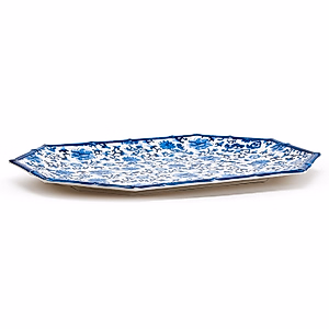 Two's Company Blue Floral Pattern Octagonal Serving Tray/Platter w/Bamboo Rim