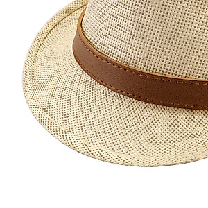 FALETO Straw Fedora Hat Classic Panama Trilby Hats Short Brim Sun Hat for Men Women Beige