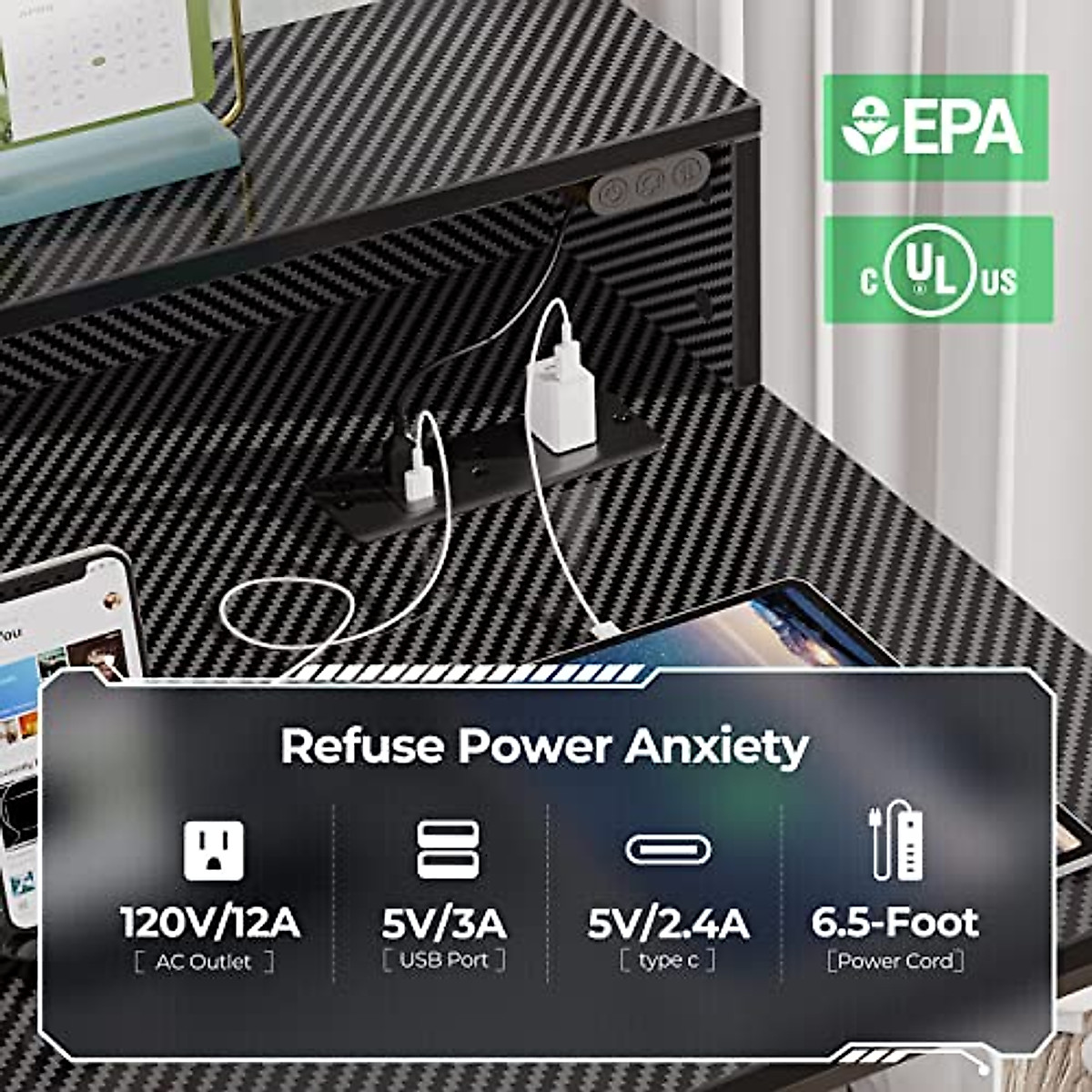 Rolanstar Computer Desk with LED Lights & Power Outlets, 55” Gaming Desk with Storage Shelves, Home Office Desk with Keyboard Tray & Monitor Stand, with Hooks, Carbon Fiber Surface Black