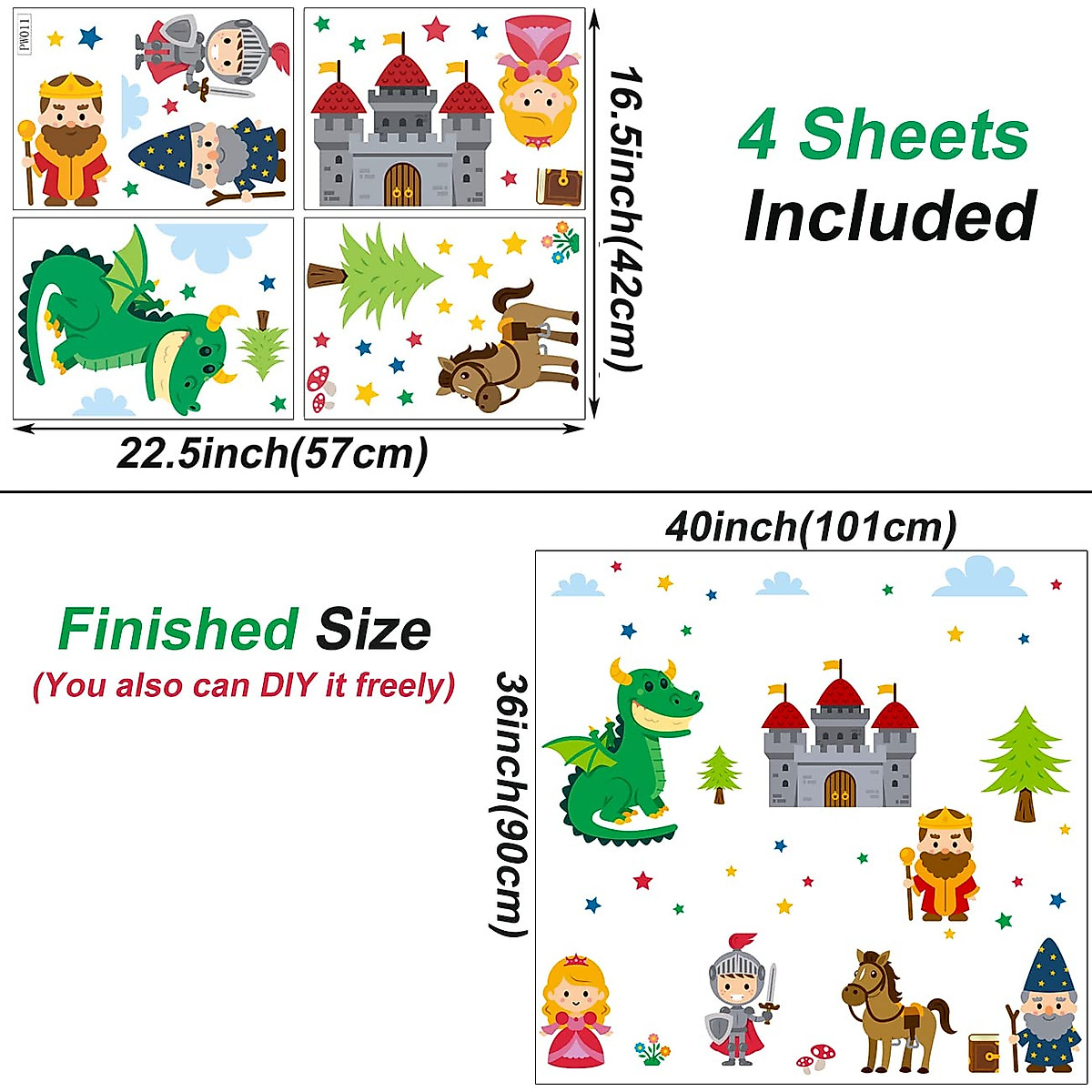 Maydahui Princess Knight Wall Stickers Castle King Cartoon Dragon Wall Decal (22 x24 Inch) for Kids Room Nursery Living Room