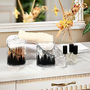KEEPREAL Nature Mountains and Forest Qtip Holder Dispenser with Lids, 4PCS Plastic Food Storage Canisters, Apothecary Jar Containers for Vanity Organizer Storage