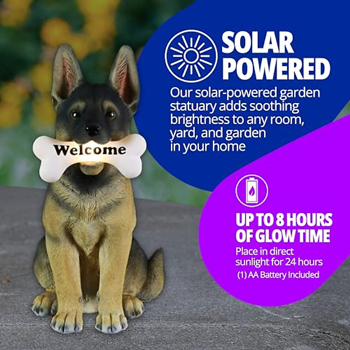 Exhart Garden Sculpture, Solar German Shepherd Dog Statue, LED Welcome Sign Bone, Outdoor Garden Decoration, 11.5 x 14.5 Inch