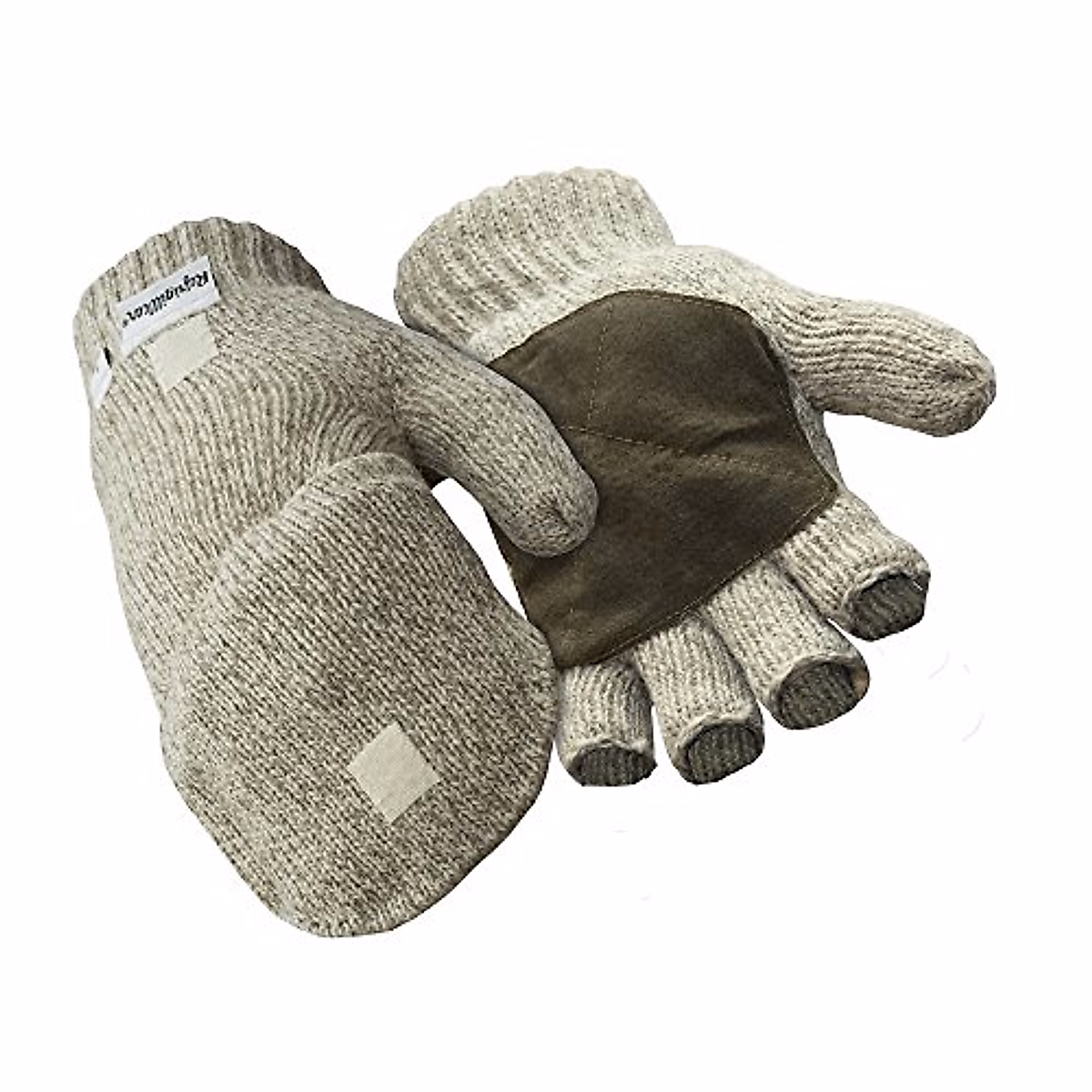 RefrigiWear Thinsulate Insulated Ragg Wool Convertible Mitten Fingerless Gloves with Suede Palm (Brown, X-Large)