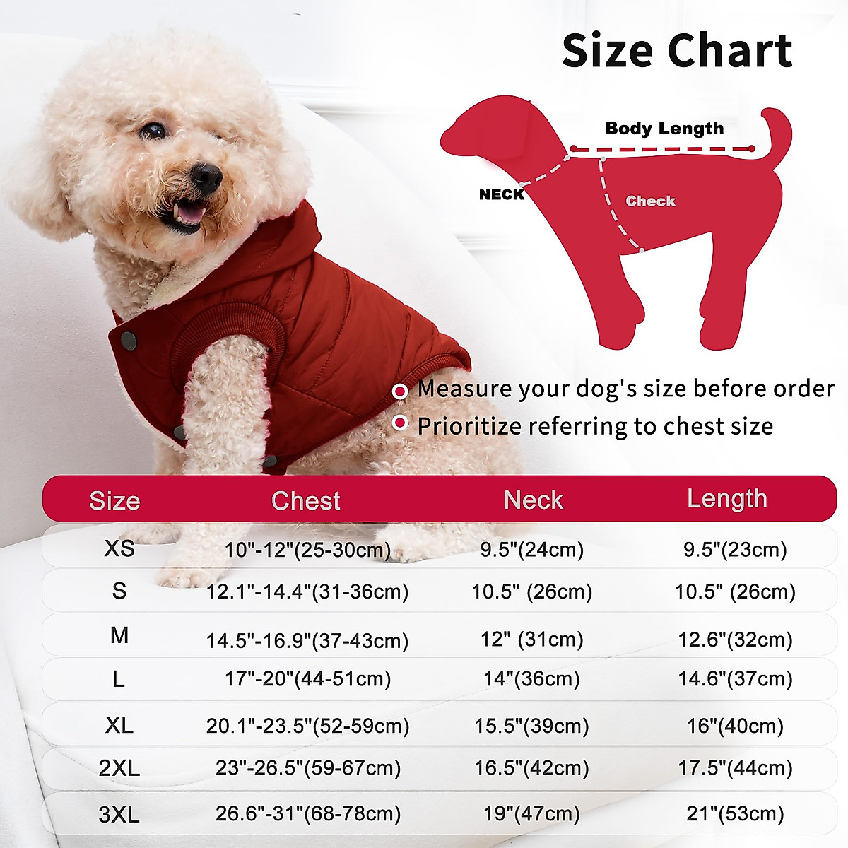 Vecomfy Fleece Lining Extra Warm Dog Hoodie in Winter,Small Dog Jacket Puppy Coats with Hooded,Red XS