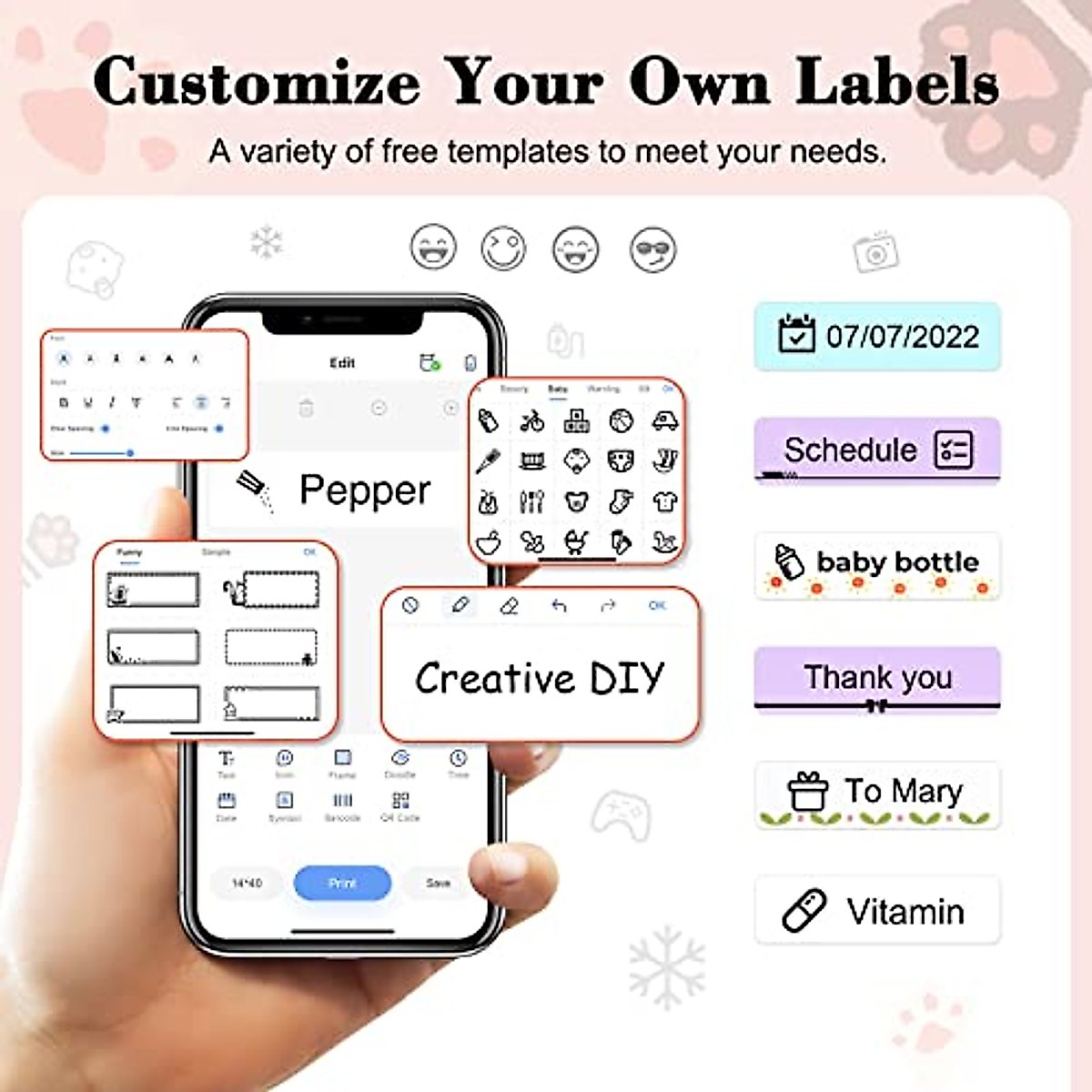 2023 Label Maker Machine, 520B Wireless Bluetooth Portable Label Printer with Label Tape Included Multiple Templates, USB Rechargeable for Christmas Decoration Home Office and Store Organization, Pink