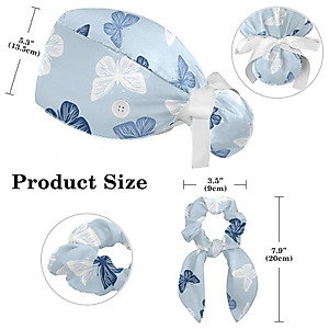 Colored Butterflies Scrub Cap, Adjustable Working Cap with Button, Bouffant Caps with Bow Hair Scrunchy