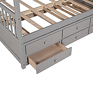 BIADNBZ Full Size House Bed Frame with Trundle, Storage Drawers and Roof for Kids Girls Boys Bedroom, Gray