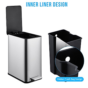 GarveeHome 10 Liter / 2.6 Gallon Small Bathroom Step Trash Can with Lid Soft Close, Step Pedal, with Removable Inner Bucket, Brushed Stainless Steel