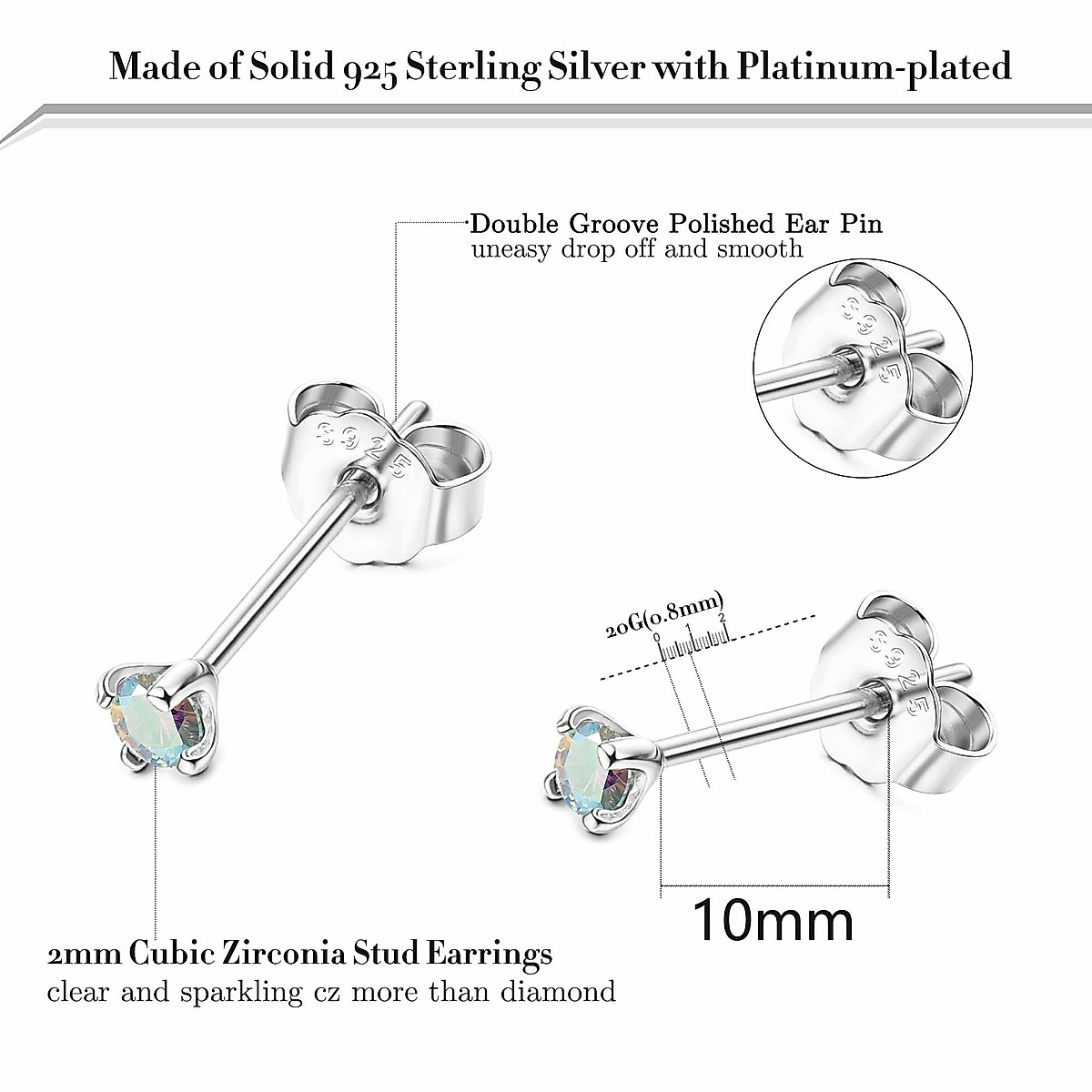 PATISORNA 925 Sterling Silver Long Post Earrings for Thick Earlobes | 2mm Tiny Cubic Zirconia Small Stud Earrings for Women Men Hypoallergenic AB