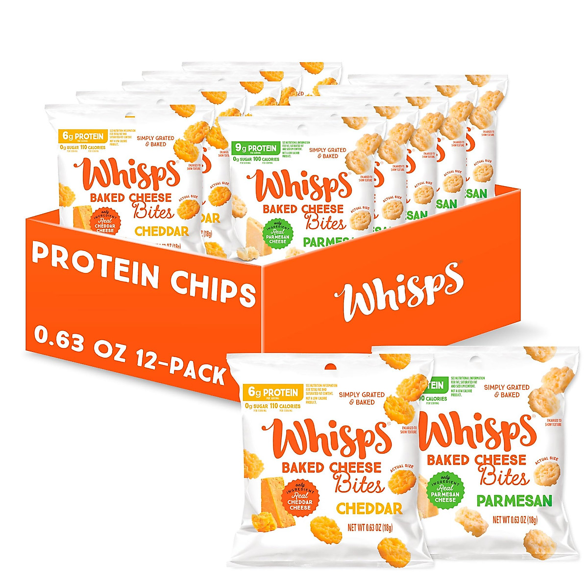 Whisps Cheese Crisps Parmesan & Cheddar Cheese | Protein Chips | Healthy Snacks | Protein Snacks, Gluten Free, High Protein, Low Carb Keto Food (0.63Oz, 12 Pack)