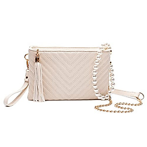 Hupifaz Quilted Crossbody Bag - Double Pouch Clutch Purses for Women, Formal Evening Clutch, Large Wristlet Bag with Pearls (Beige)