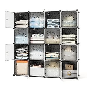 16 Cubby Clothes Storage Shelves, Cube Plastic Closet Organizer with Doors, 12" × 12" Modular , Portable Closet Wardrobe for Bedroom, Home, Black (4 × 4 Cubes)