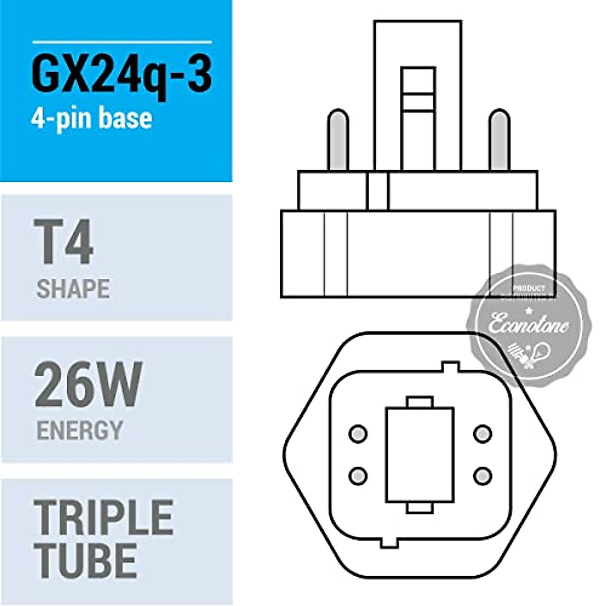 KOR (4 Pack) K20788 - PL26W/3U/4P/841 - Compact Fluorescent Plug-in - T4 - Triple Tube - 26 Watt - 4-Pin (GX24q-3) - 4,100 Kelvin (Cool White)