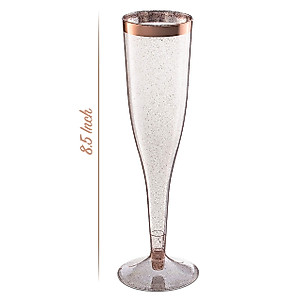 Rose Gold Plastic Champagne Flutes Disposable - Rose Gold Glitter with a Rose Gold Rim - [1 Box of 36 ] 6.5 Oz - Elegant Stylish Mimosa Glasses Perfect for Weddings Bachelorette Party, Events