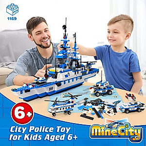 WishaLife 1169 Pieces City Police Station Building Kit, 6 in 1 Military Battleship Building Toy, with Police Cars, Boat, Airplane, Best STEM Construction Toy Gift for Boys and Girls 6-12