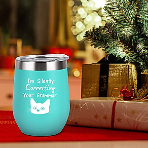 Qtencas Cat I'm Silently Correcting Grammar Wine Tumbler, Christmas Birthday Gifts for English Teachers, Grammar Police, Cat Lovers, Women, Funny Insulated Stainless Steel Tumbler (12Oz, Mint)