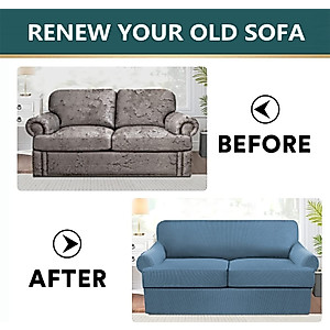 2 Piece/3 Piece/4 Piece Sofa Cover Stretch Couch Cover with 1/2/3 Individual T Cushion Seat Covers Protector Sofa Slipcovers Jacquard Knitted Furniture Cover 1/2/3 Seater ( Color : Blue , Size : 2 Sea