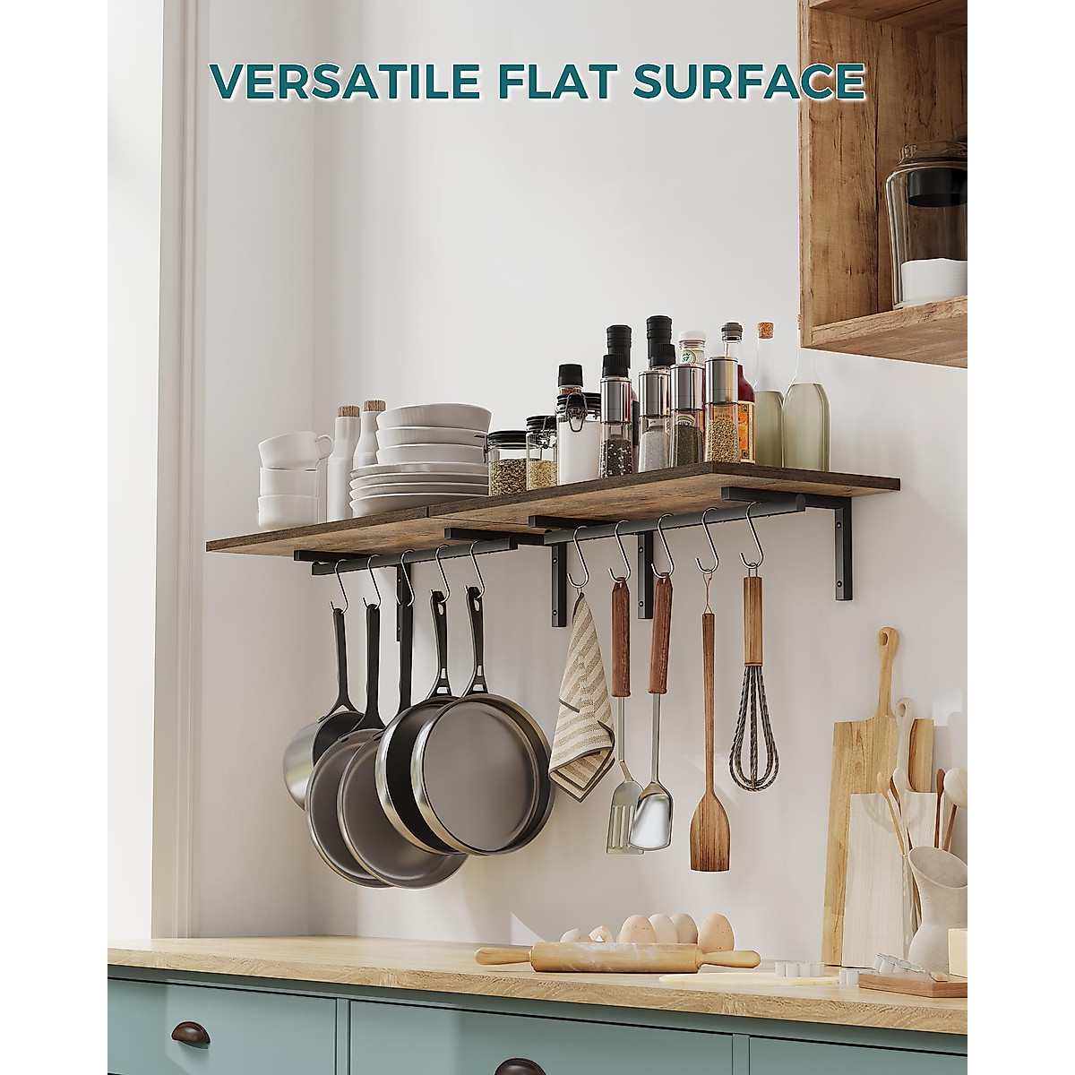 OROPY 2 Pack Wooden 23.6'' Pot Pan Hanging Rack Wall Mounted with 10 S Hooks, Set of 2 Large Pot Wall Holder Kitchen Shelves for Utensils, Cookware