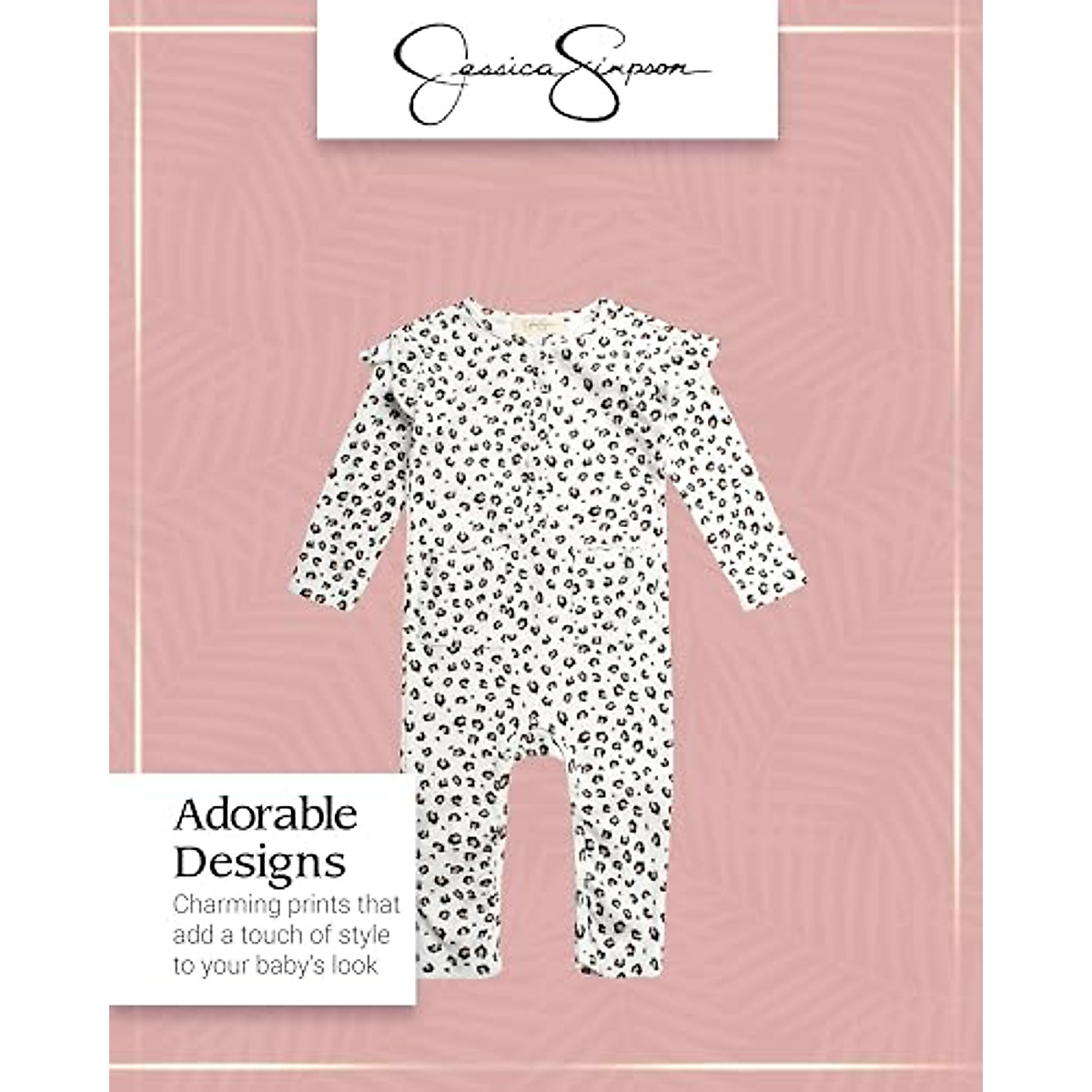 Jessica Simpson Baby Girls' Romper - Overall Jumpsuit with Hat or Headband - Long Sleeve Bodysuit for Newborns/Infants, 0-24M, Size 3-6 Months, Leopard