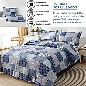 Bedspread Set Queen/Full Size Plaid Quilt Bedding Queen Grey Blue Patchwork Modern Lightweight Quilt Bedspread Home Reversible Coverlet-Soft Polyester 3 Piece Quilt Set Collection