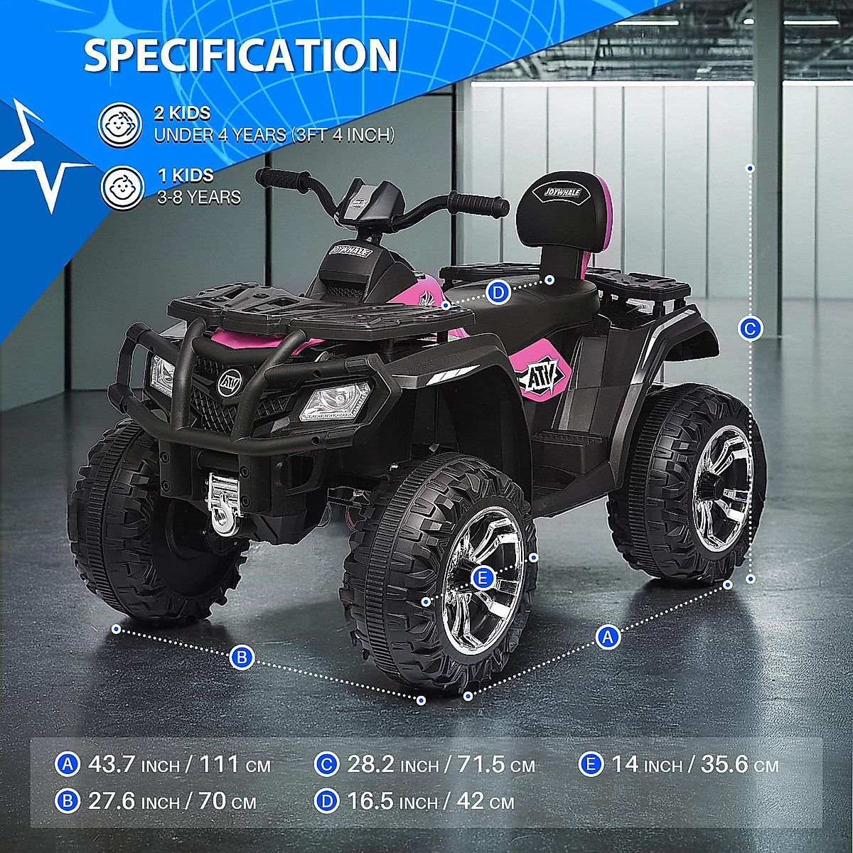 Joywhale 24V 2-Seater Ride on ATV 4WD Quad Powerful 4-Wheeler Electric Car for Big Kids, with 400W Strong Engine, 9AH Large Battery, Metal Suspension, Soft Braking, Music & Bright Headlights, Pink