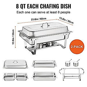 Mophorn Chafing Dish Buffet Set, 8 Qt 2 Pack, Stainless Chafer w/ 2 Full & 4 Half Size Pans, Rectangle Catering Warmer Server w/Lid Water Pan Folding Stand Fuel Tray Holder Clip