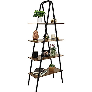 Sunnydaze 68.5-Inch H 4-Tier Industrial-Style A-Frame Ladder Shelf - MDP Shelves with Powder-Coated Steel Frame - Brown