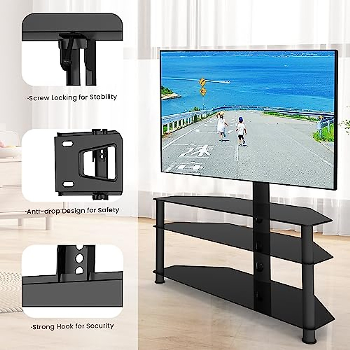 TV Floor Stand with Three Media Pallet Universal TV Stand Height Adjustment Visual Angle Rotation TV Mount Fit 32 inch to 70 inch TV Black Tempered Glass