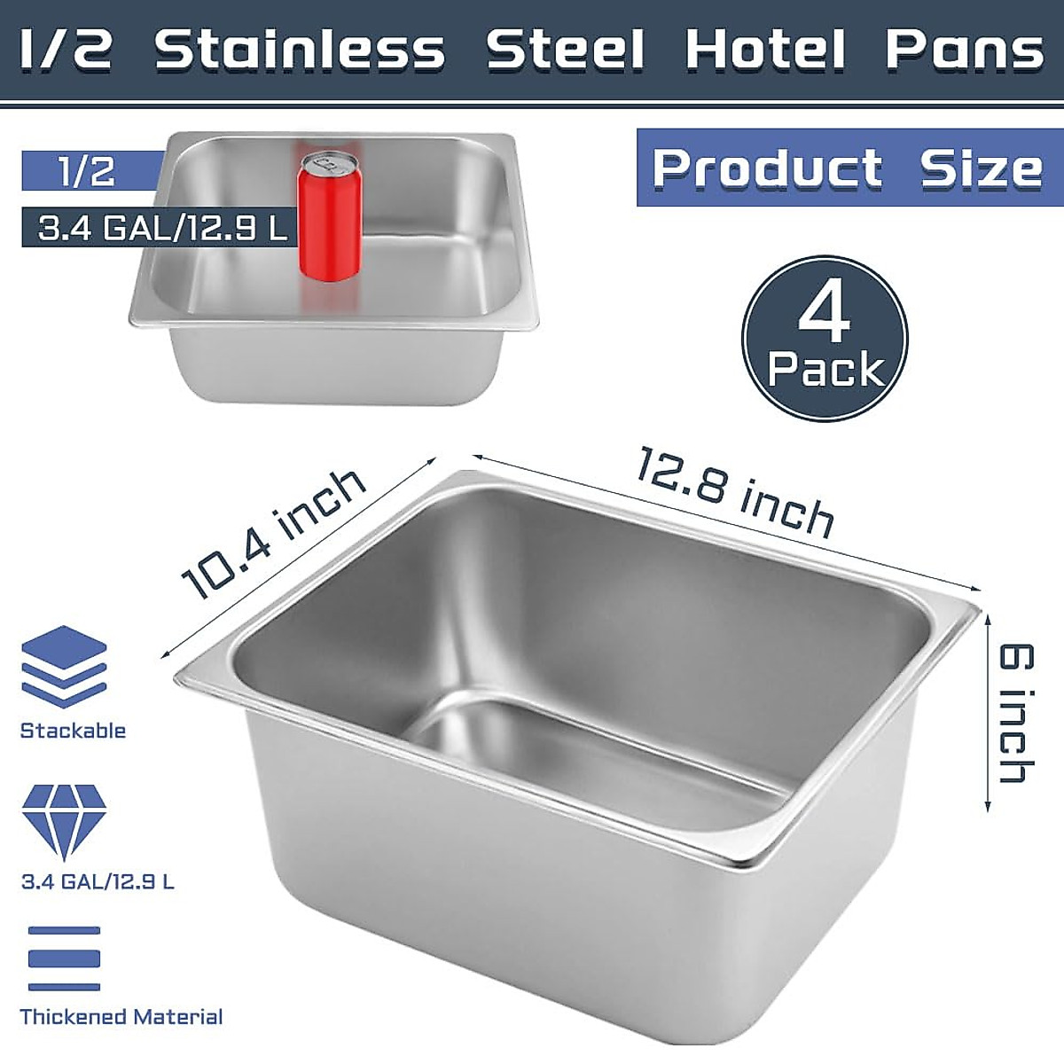 NDSWKR 4 Pack 1/2 Size Half Size Hotel Pans, 6 Inch Deep Stainless Steel Steam Table Pans, Commercial Chafing Pan for Hotel, Party, Buffet, Restaurant Food, Catering Supplies
