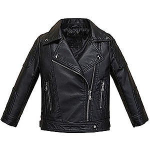 LJYH Boys Girls Fashion Collar PU Leather Jackets Kids Black Outdoor Zipper Coats 7/8yrs