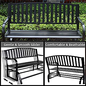 Outdoor Glider Garden Bench, 50" Patio Double Outdoor Swing Rocking Glider w/Durable Metal Cast Iron Porch Glider Seat & Armrests Steel Frame, Garden Glider for Porch, Garden, Sunroom, Backyard, Deck