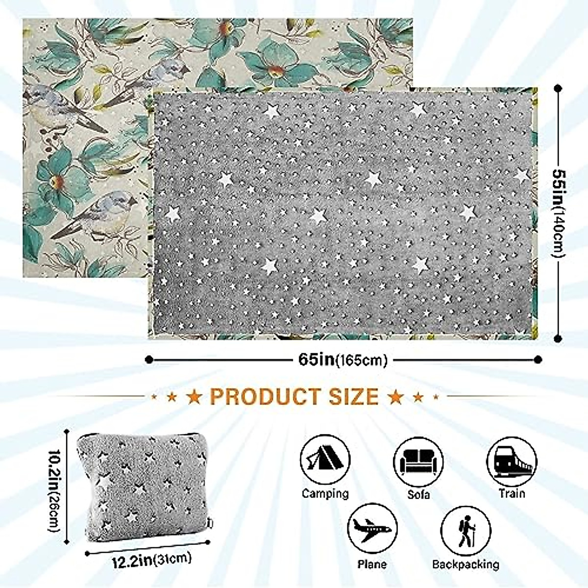 Joko Ivery Flowers Birds Premium Soft Travel Blanket Pillow Airplane Blanket with Hand Luggage Belt & Backpack Clip Car Blanket 2 in 1 for Home Train Bus Airplane