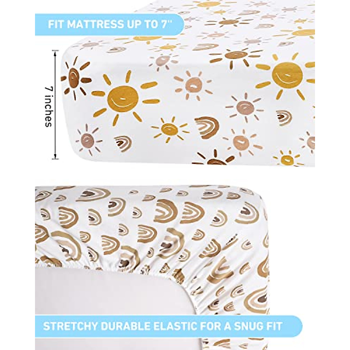 Babebay Fitted Crib Sheets for Boys and Girls, Baby Crib Sheet Neutral for Standard Crib Mattress & Toddler Bed Mattress, Soft and Safe Jersey Knit Cotton, 2 Pack (Rainbow and Sun)