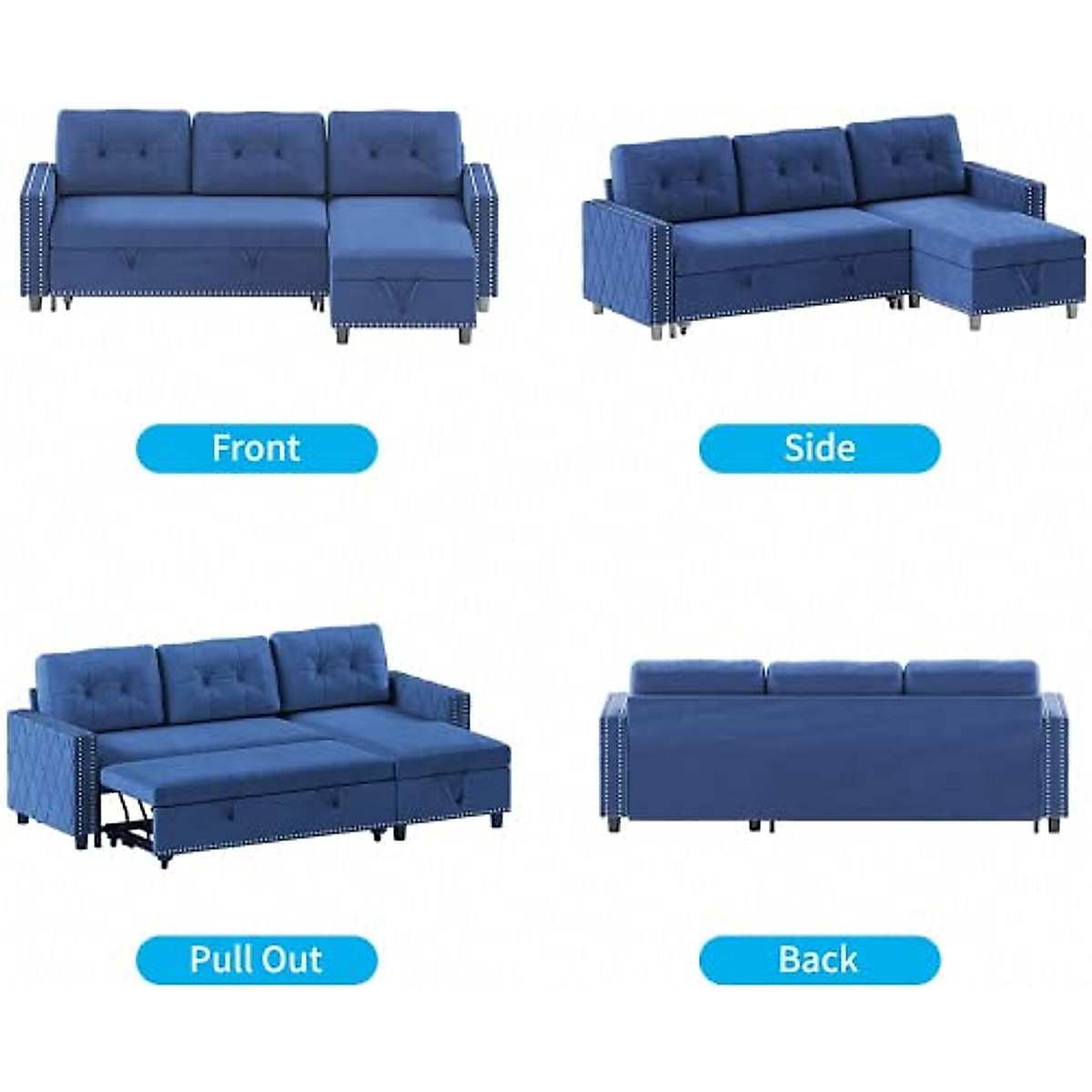 Mjkone Sectional Sleeper Sofa Bed with Storage 3 Seat Pull Out Sofa Bed Couch with Chaise Lounge Velvet Couch with Pull Out Bed L Shaped Sectional Sofa Couches for Living Room Apartment, Navy Blue