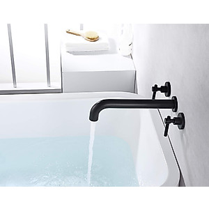 Wall Mount Tub Filler Matte Black Tub Faucet High Flow Two Handles Solid Brass, Long Spout Reach, sumerain