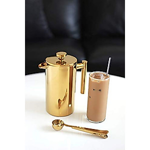 Vivine French Press Stainless Steel Double Walled Insulated Large 1L / 4 Cups of Coffee Lavish Gold Mirror Finish With Coffee Grounds Scoop 1 Tablespoon Dishwasher Safe