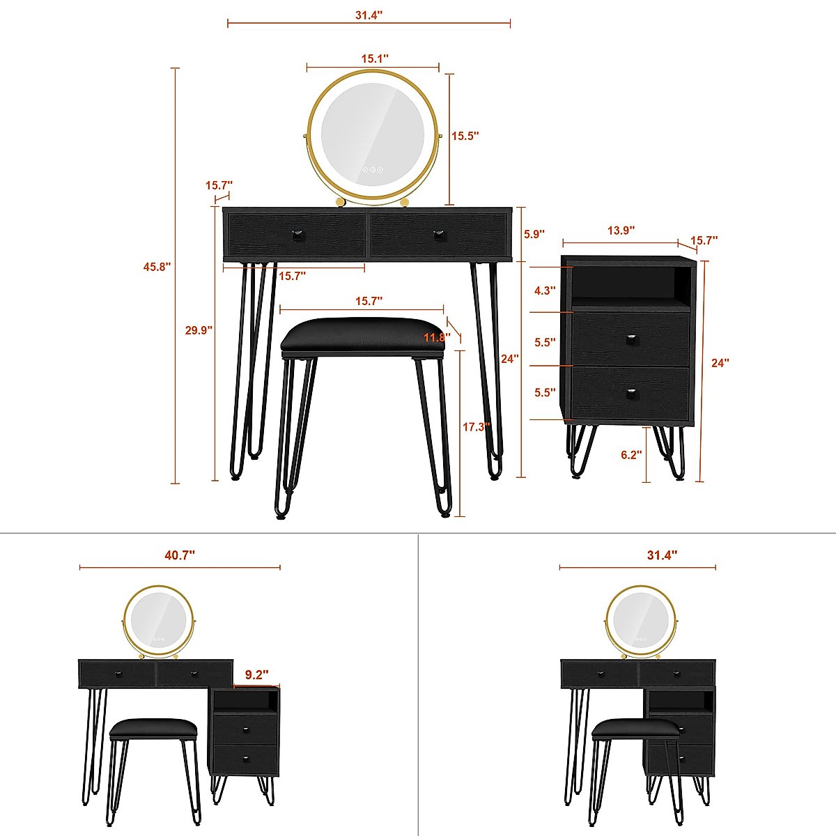 AVZEAR Dressing Table, Vanity Table with Lighted Mirror Makeup Dressing Table with Large Drawer and 4-Drawer Chest, 3-Color Touch Screen Dimmable Mirror with Cushioned Stool (Black)