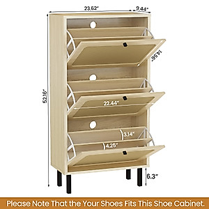 DKLGG Shoe Cabinet with 3 Flip Drawers, Rattan Entryway Shoe Storage Cabinet, Freestanding Wooden Shoe Rack Storage Cabinet with Metal Legs, Narrow Hidden Shoe Organizer for Entryway Hallway Mudroom
