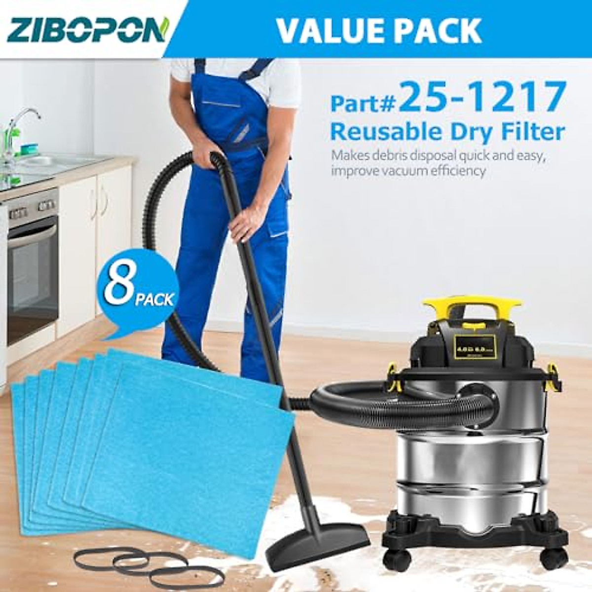 8 Pack 25-1217 Reusable Dry Filter Replacement for Stanley 1-6 Gallon Wet/Dry Vacuum, with 3 Retaining Bands