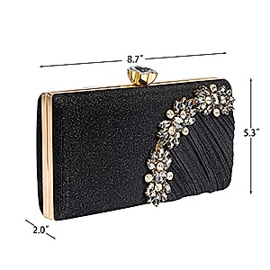 Mulian LilY Black Evening Bags For Women Glitter Crystal Pleated Bling Clutch Purse With Detachable Chain Strap M262