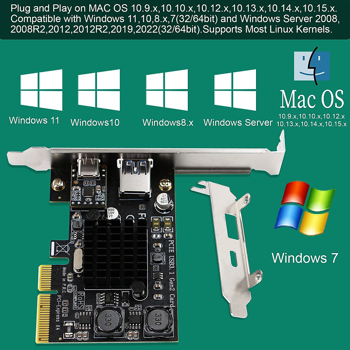 FebSmart 1X USB-A & 1X USB-C 10Gbps Ports PCIE USB 3.1 GEN2 Expansion Card for Windows 11, 10, 8.x, 7 (32/64bit), Windows Server, MAC OS and Linux PCs, Built in Self-Powered Technology (FS-AC-Pro)