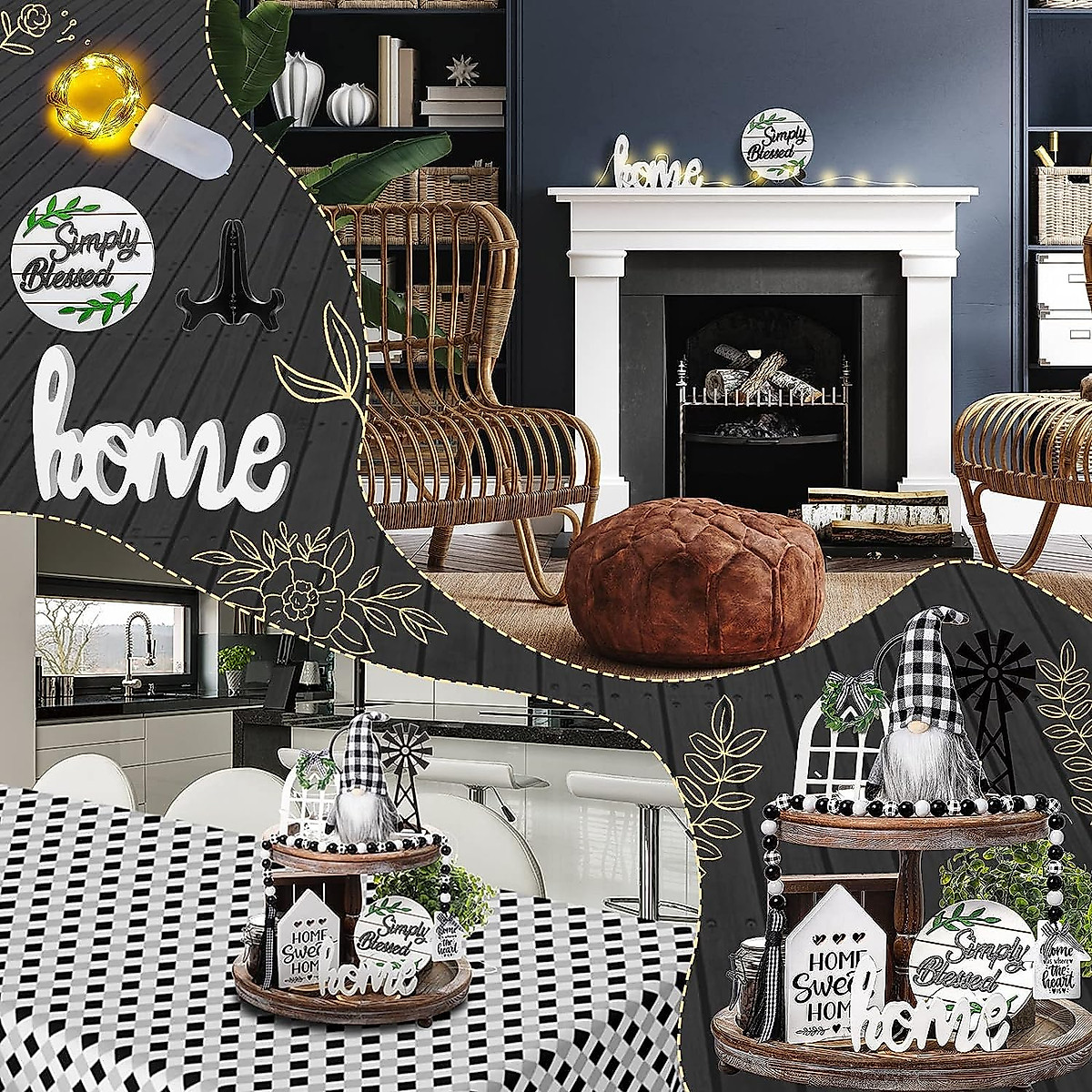 Qvutkve Tiered Tray Decor 16 Pcs, Farmhouse Decor Set, Stereoscopic Exquisite Relief Design Sign Rustic Table Ornaments for Kitchen Table Decoration, Gift