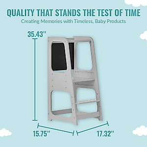 Dream On Me Explora Tower & Step Stool in Pebble Grey, Anti-Slip Base, Multipurpose Kids Step Stool, 3 Platform Heights, Chalkable Black Board