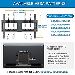 PERLESMITH Fixed TV Wall Mount Bracket Low Profile for 32-82 inch LED, LCD, and OLED Flat Screen TVs - Fits 16”- 24” Wood Studs, Fixed TV Mount with VESA 600 x 400mm Holds up to132lbs (PSLLK1), Black