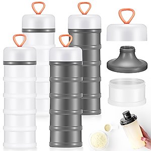 Baderke 4 Pcs Protein Powder Container 5 Layers Stackable Leakproof Container Powder Dispenser with Funnels Stand Keychain Flour Container for Workout Fitness(Gray, White)